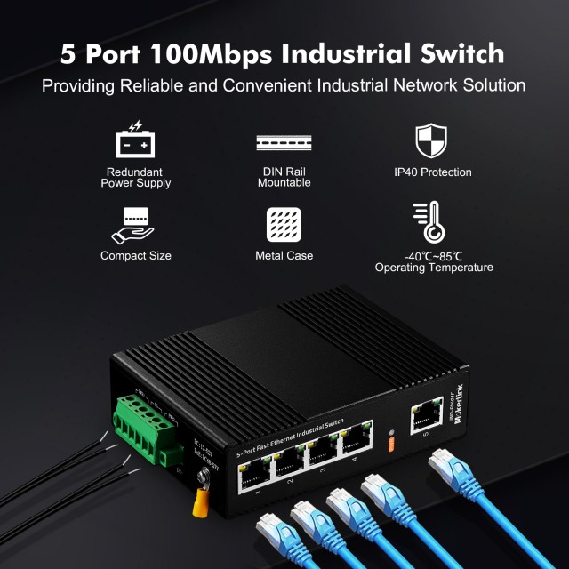 MokerLink 5 Port 100Mbps Industrial DIN-Rail Ethernet Switch