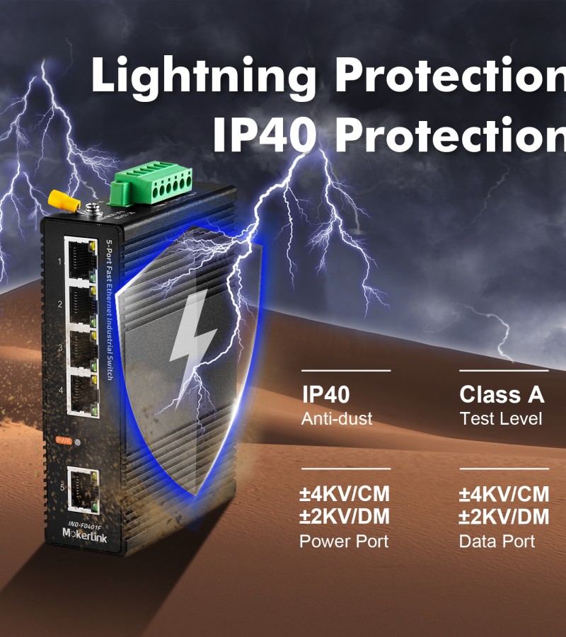 MokerLink 5 Port 100Mbps Industrial DIN-Rail Ethernet Switch