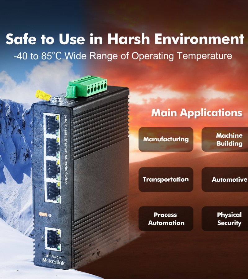 MokerLink 5 Port 100Mbps Industrial DIN-Rail Ethernet Switch